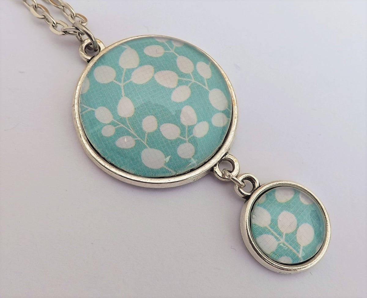 White Leaves on Blue, Silver Tone Double Dome Pendant Necklace ...