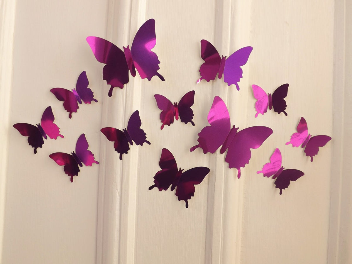 12x Reflective Purple Metallic Mirror Effect Silver 3D Butterfly Wall ...